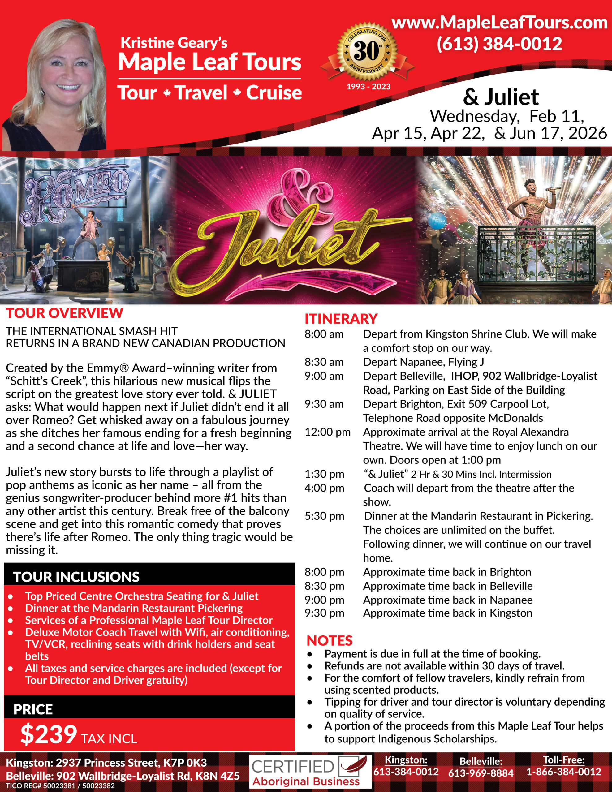 Broadway Musical! & Juliet - Maple Leaf Tours | Tour | Travel | Cruise